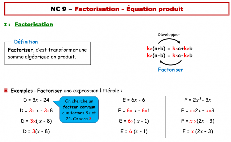 Cours – Factorisation – Équation produit nul (3e) – Automaths